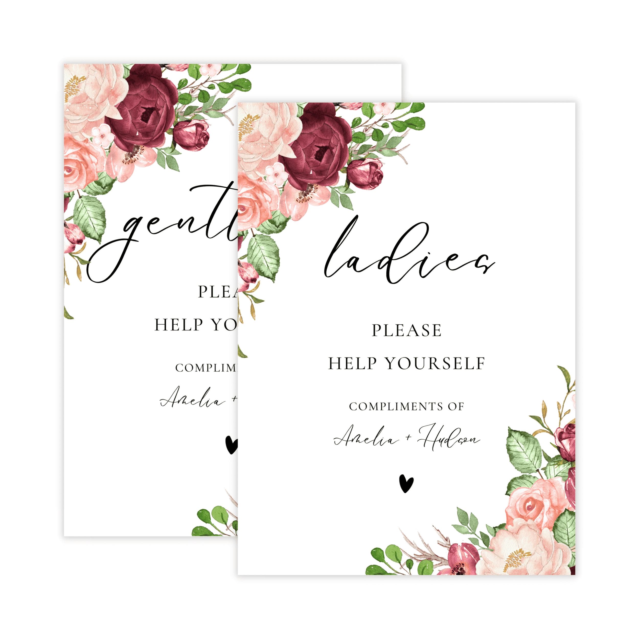 Romantic Burgundy Blush Bathroom Sign Rental • VintageBash