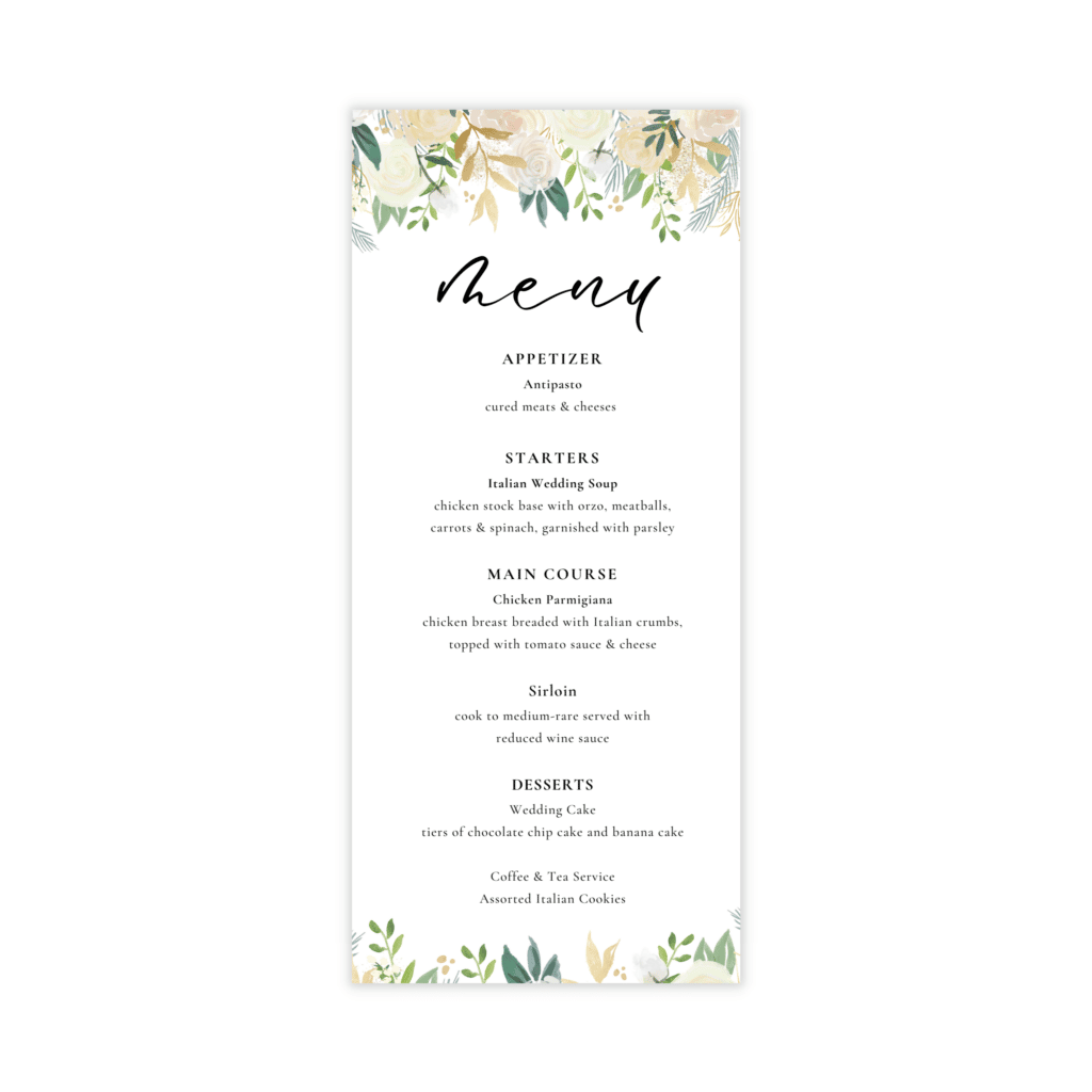 Classic Gold & Green Dinner Menu Card Rental • VintageBash