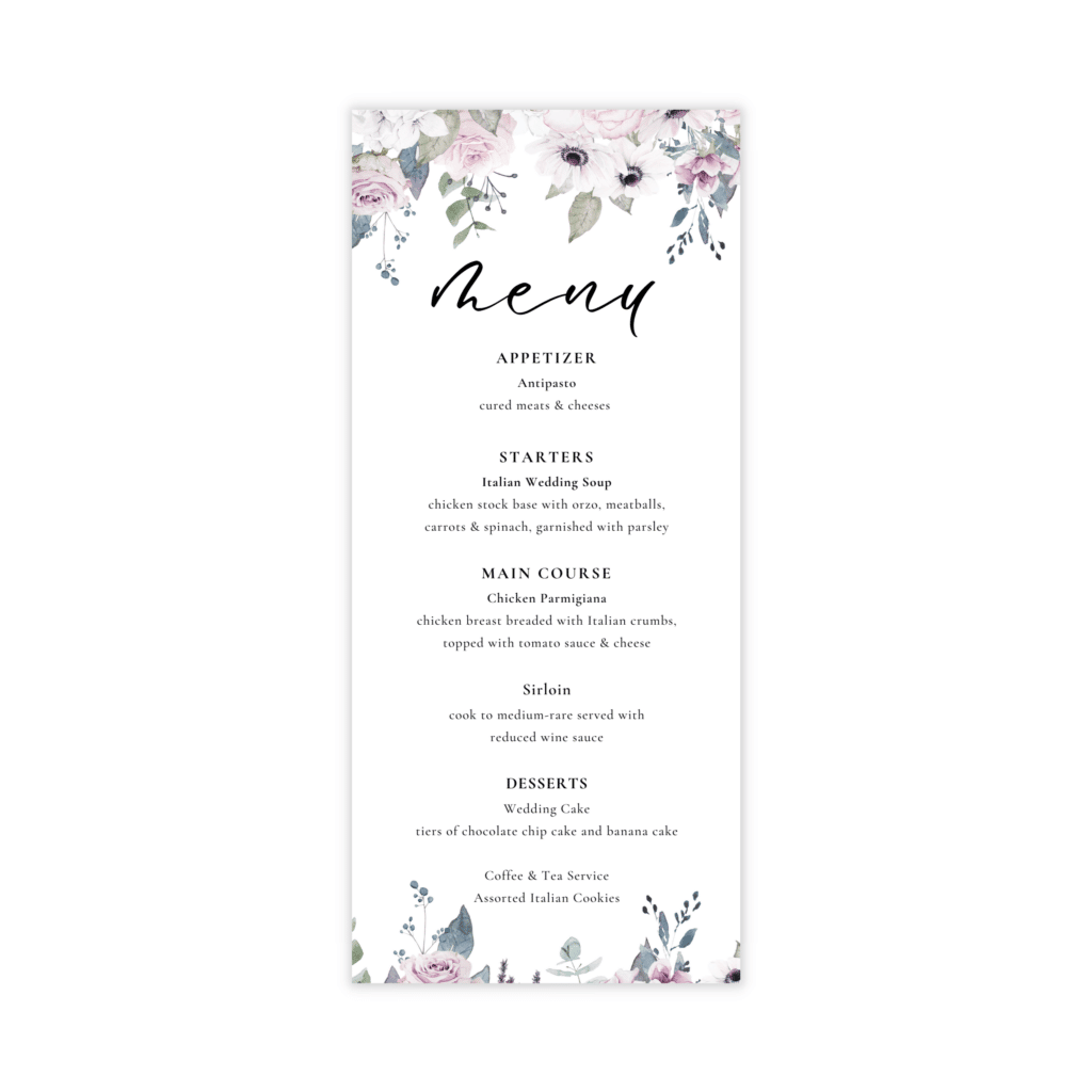 Dreamy Violet Blush Dinner Menu Card Rental • VintageBash